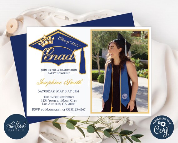 Graduation Party Invitation Template Editable Blue and Gold - Etsy