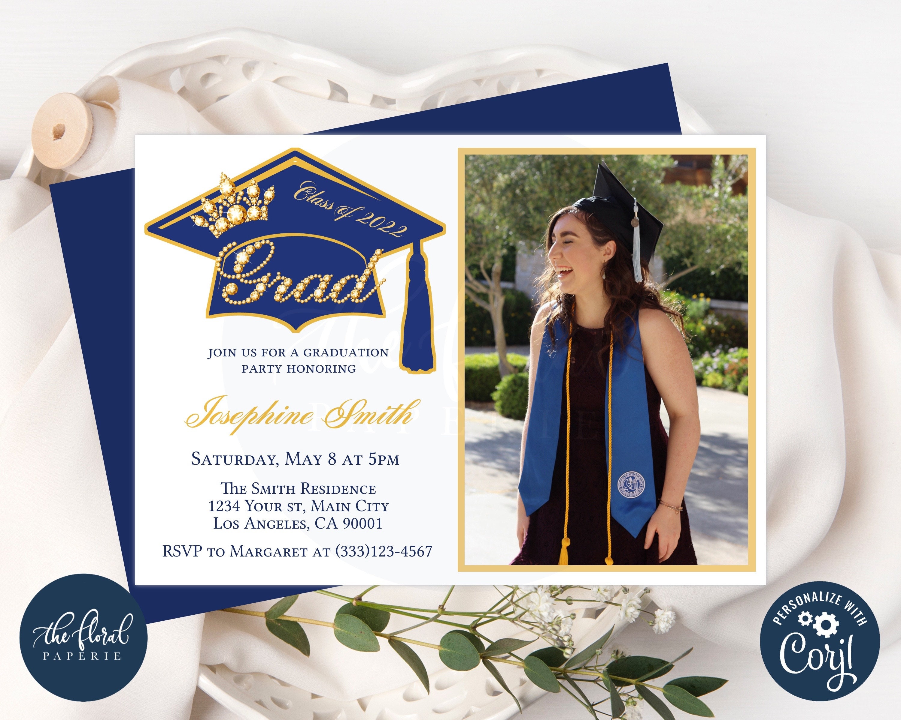 Graduation Party Invitation Template Editable Blue and Gold - Etsy