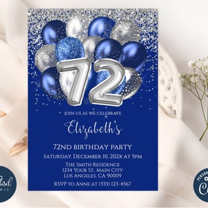 72nd Birthday Invitation Template, Navy Blue and Silver Birthday ...
