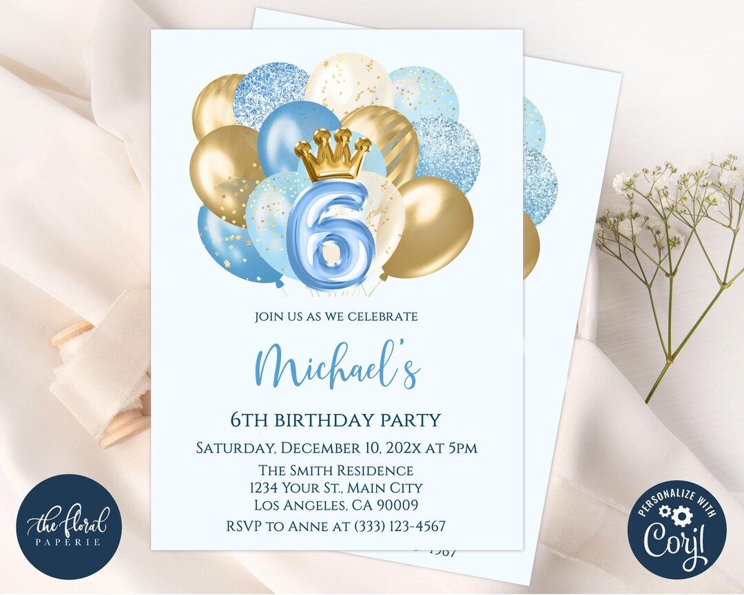 Light Blue and Gold 6th Birthday Invitation, Balloons (editable ...
