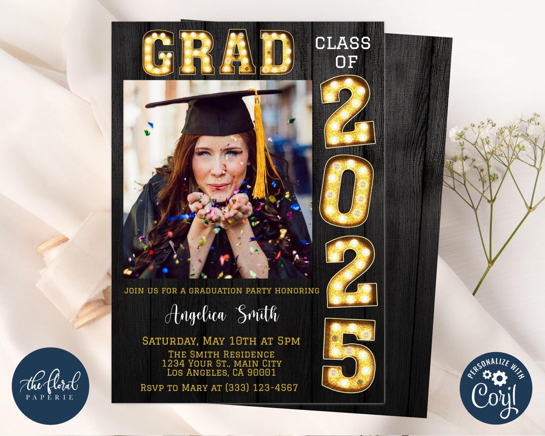 Graduation Party Invitation Template, Editable Black and Gold ...