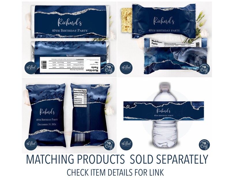 Blue and Silver Water Bottle Label Template Editable Agate - Etsy