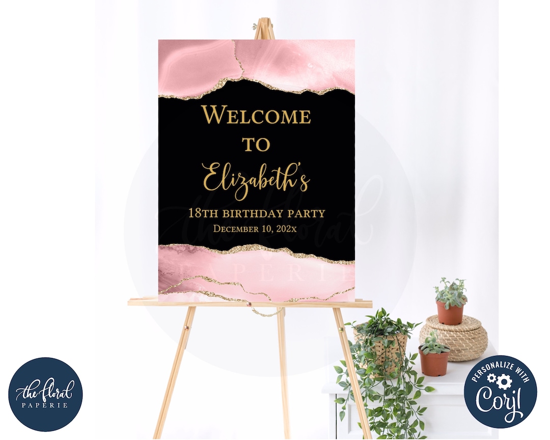Blush and Black Birthday Welcome Sign Template, Printable Birthday ...