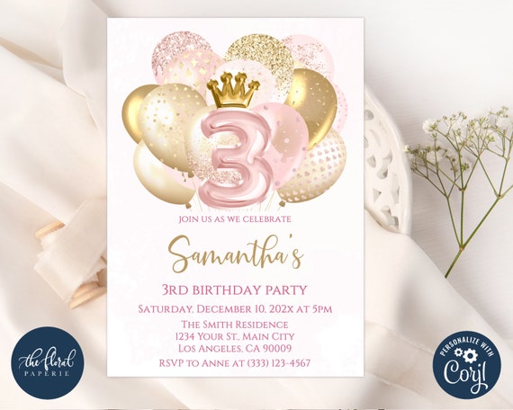 3rd Birthday Invitation Template Editable Blush and Gold Princess Birthday Invites Balloons Birthday Party Invites Girl Birthday Party Etsy