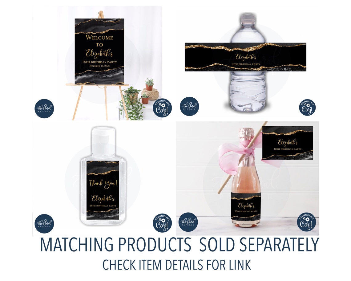 Black and Gold Water Bottle Label Template, Editable Agate Water Bottle ...