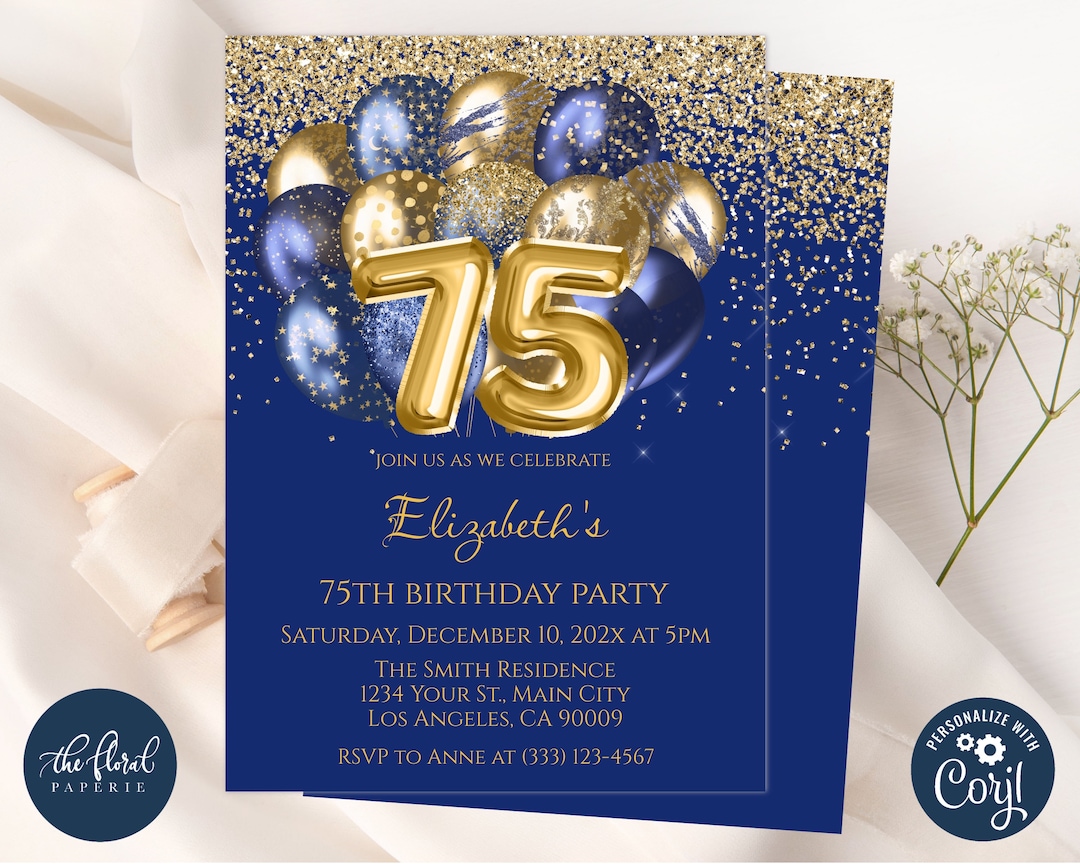 Navy Blue and Gold 75th Birthday Invitation Template, Editable Balloons ...