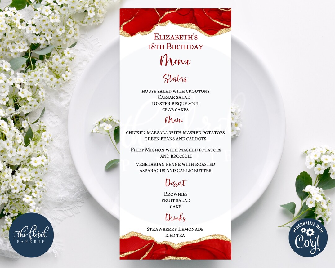 Red and Gold Menu Card Template, Editable Event Menu Card, Printable ...