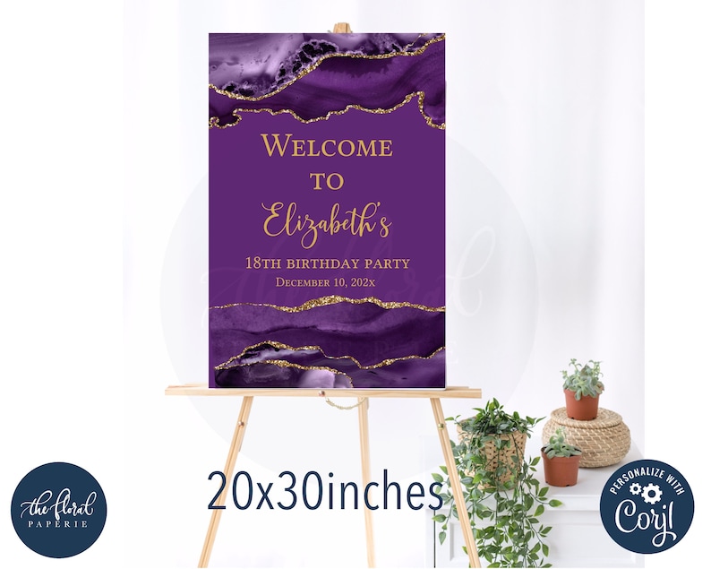 Purple and Gold Agate Birthday Welcome Sign, Welcome Party Poster ...