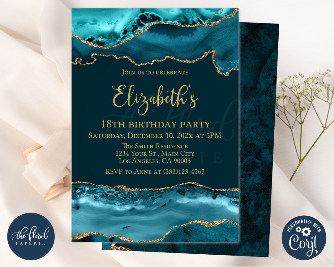 Teal and Gold Birthday Invitation Template, Editable Any Age Birthday ...