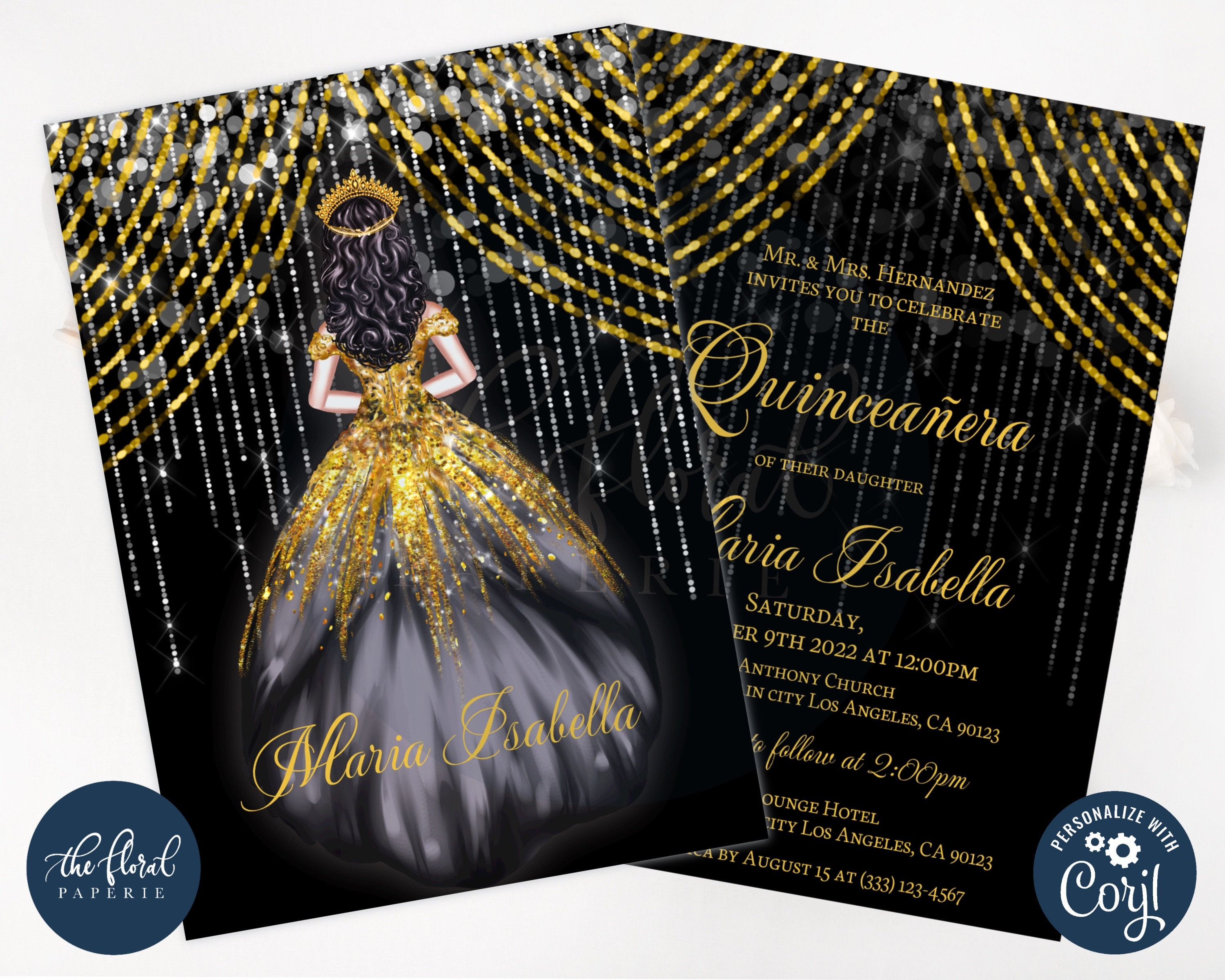 Plantilla de invitación de quinceañera en negro y dorado, invitaciones ...