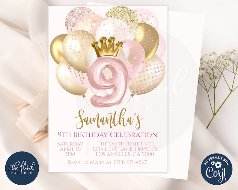 9th Birthday Invitation Template Editable Blush and Gold - Etsy