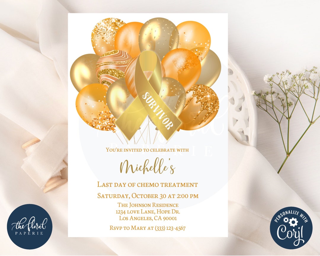 Last Day of Chemo Party Invitation Template, Gold Ribbon Invitation ...