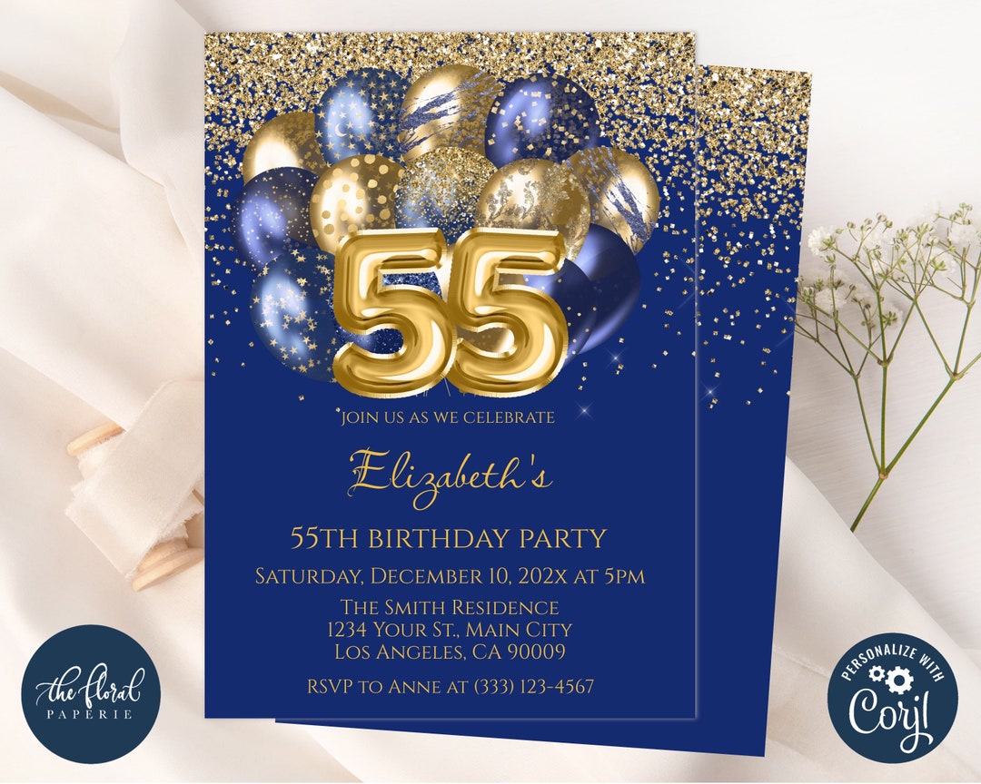 55th Birthday Invitation Template, Navy Blue and Gold Birthday ...