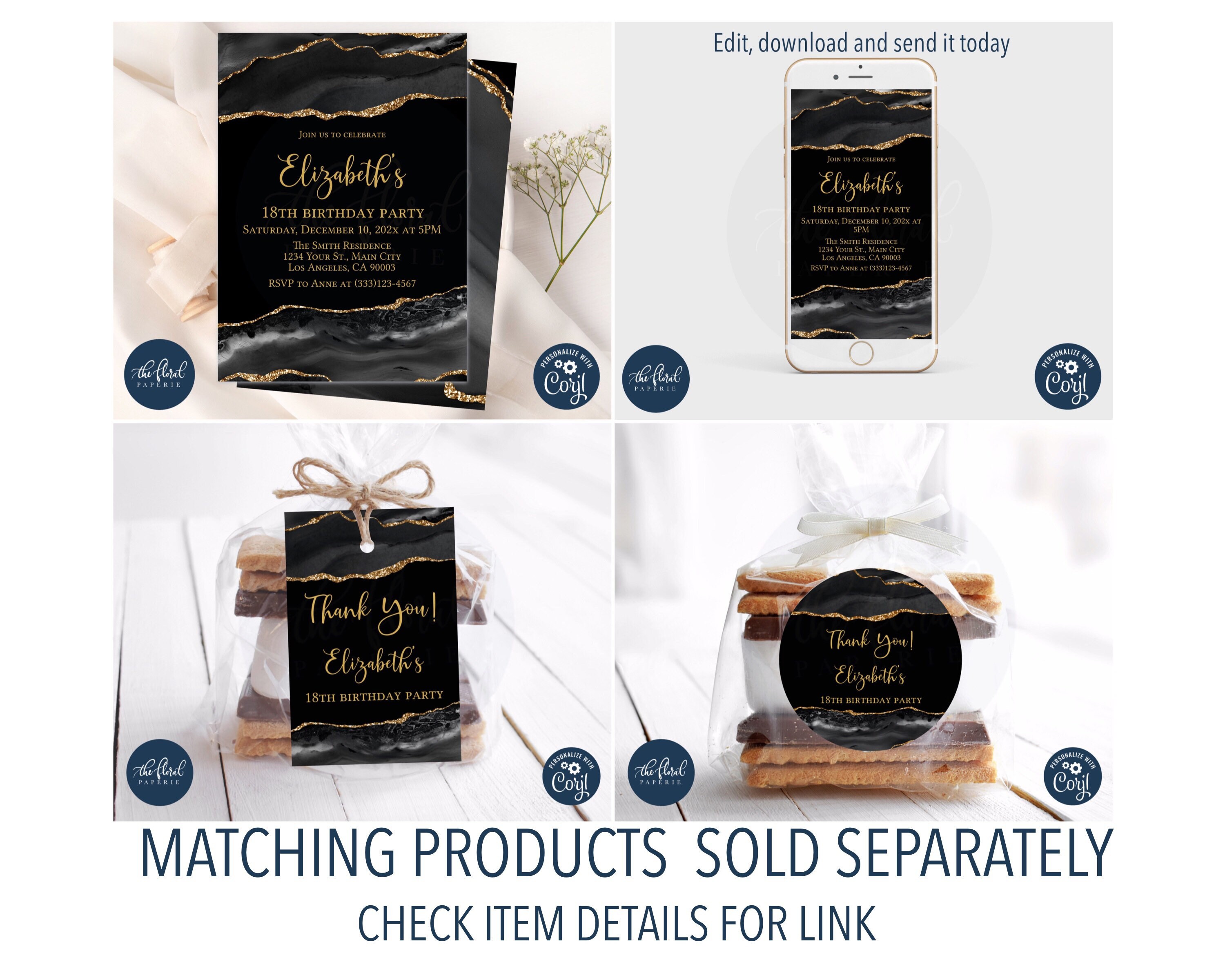 Black and Gold Water Bottle Label Template, Editable Agate Water Bottle ...