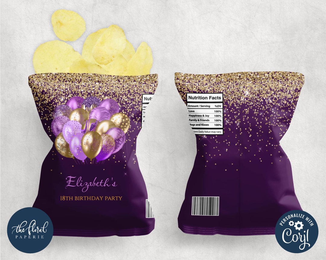 Purple and Gold Chip Bag Template, Editable Potato Chip Bag Wrapper ...