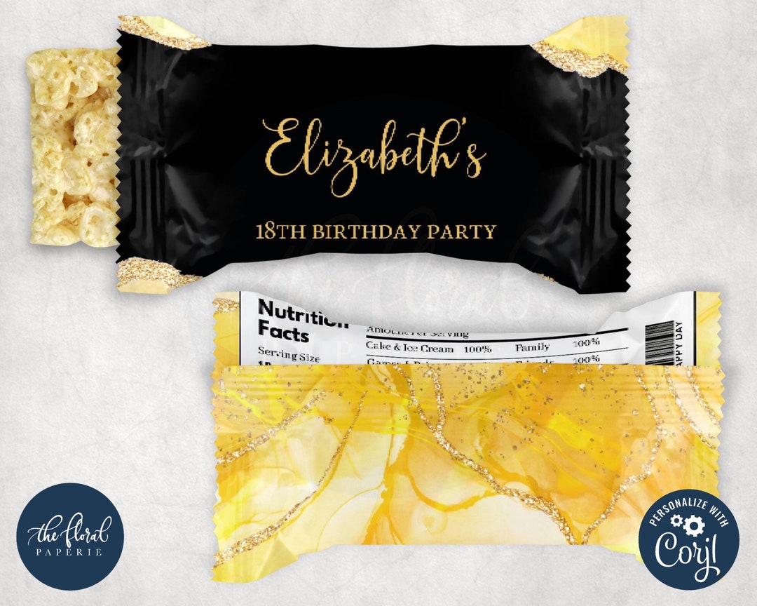 Yellow and Black Rice Crispy Wrapper Template, Birthday Favors (digital ...