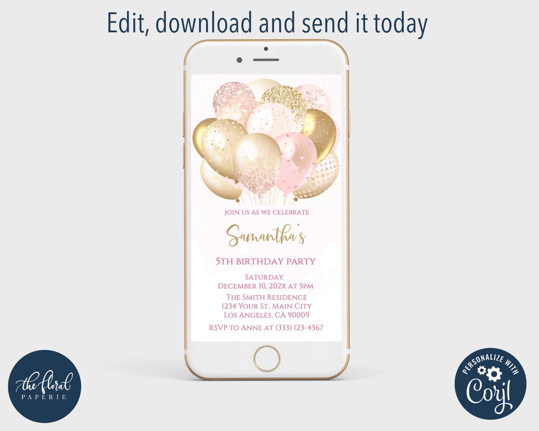 Blush and Gold Birthday Text Invitation Template, Editable Birthday ...