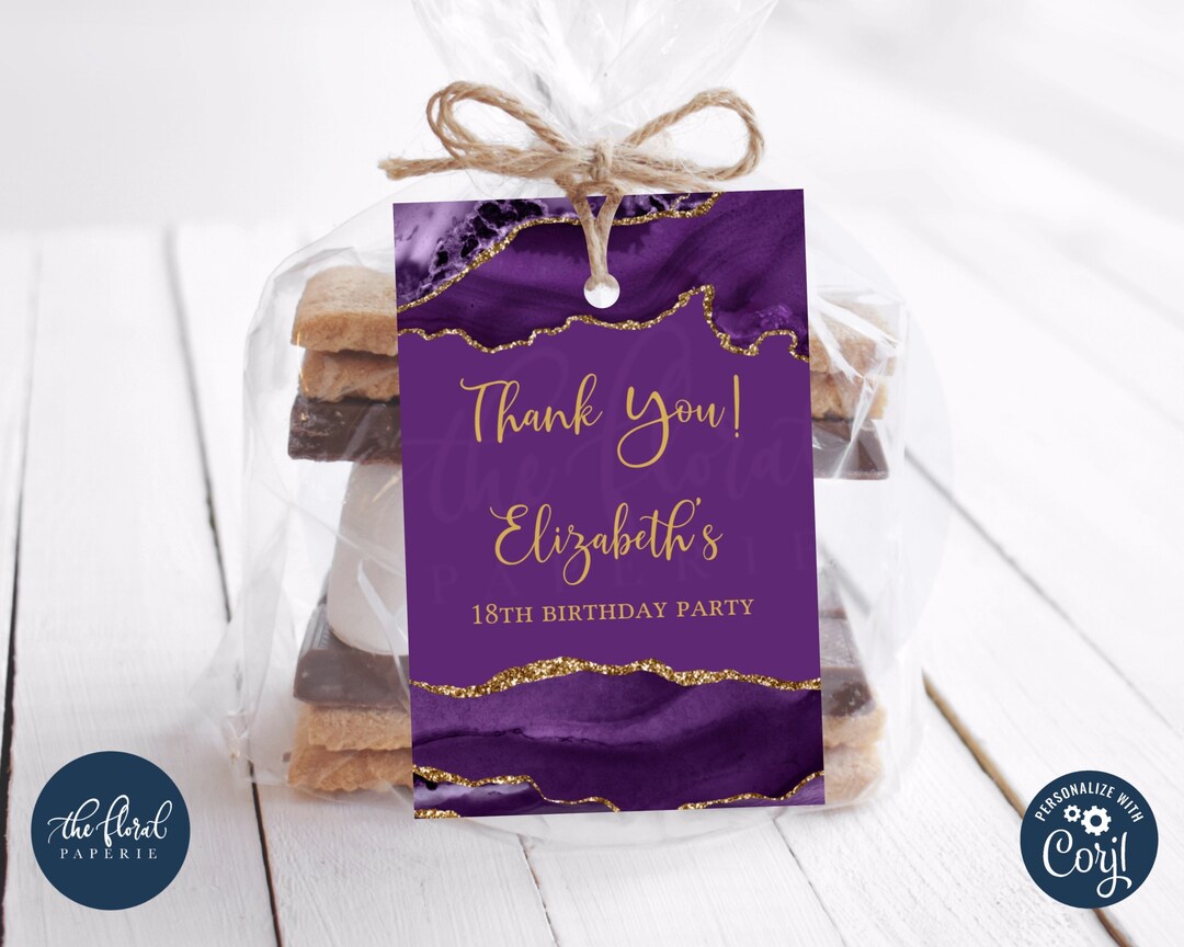 Purple and Gold Birthday Favor Tags Template, Editable Birthday Gift ...