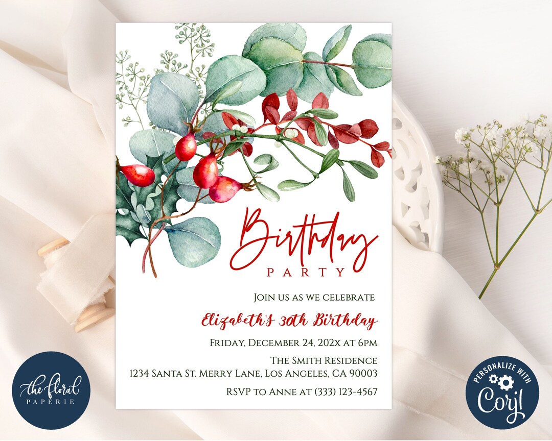 Mistletoe Birthday Party Invitation Template, Christmas Holiday Invite ...