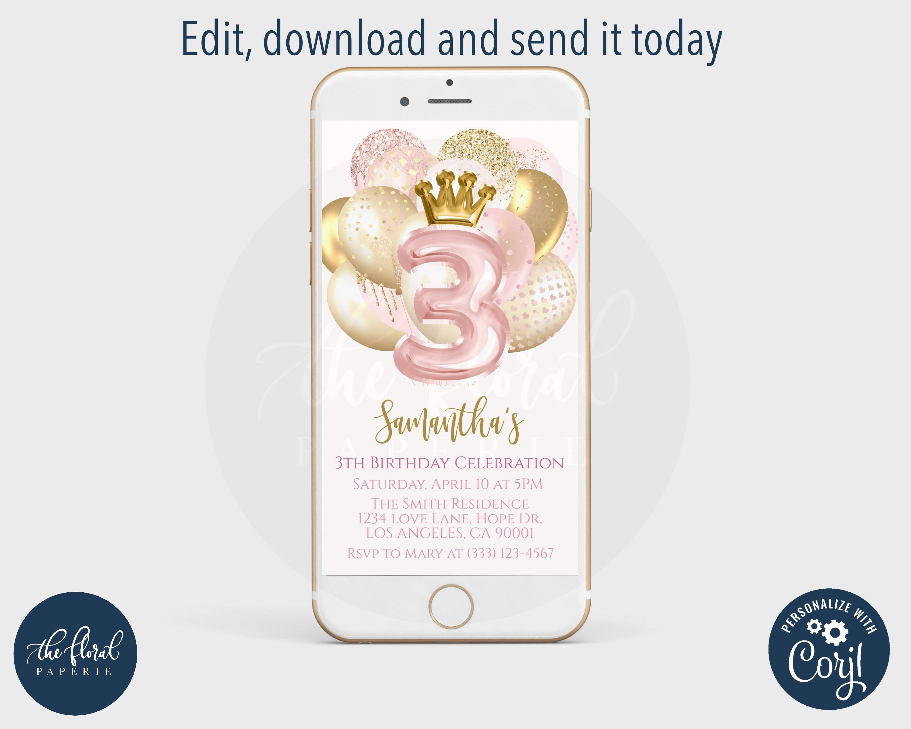 3rd Birthday Text Invitation Template Editable Blush Birthday | Etsy