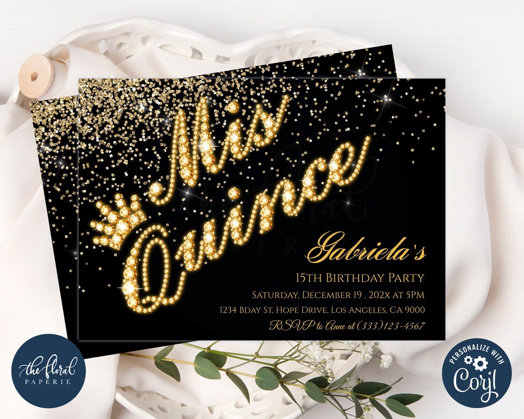 Mis Quince Invitation Template Printable, Black and Gold Birthday ...