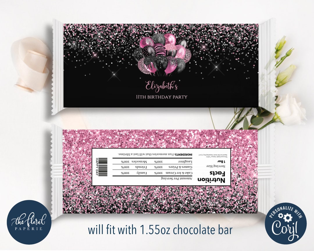 Black and Pink Chocolate Wrapper Template, Editable Candy Bar Wrapper ...
