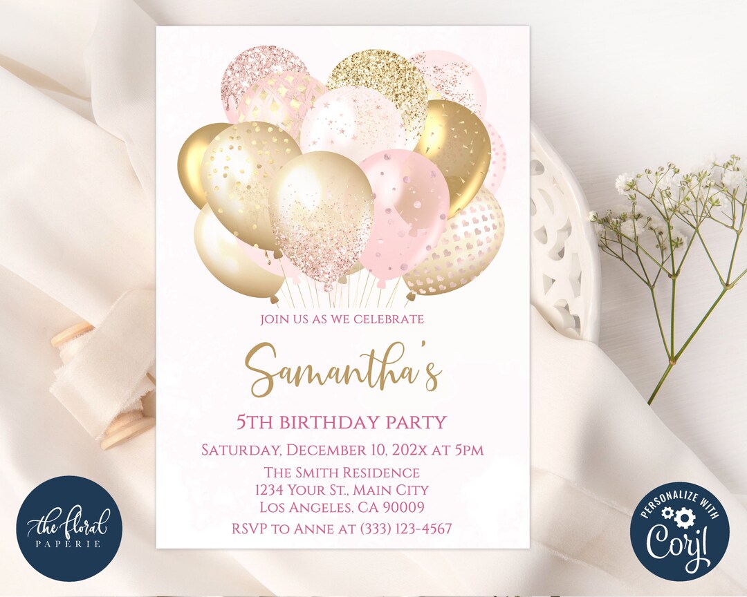 Blush and Gold Birthday Invitation Template, Editable Girl Birthday ...