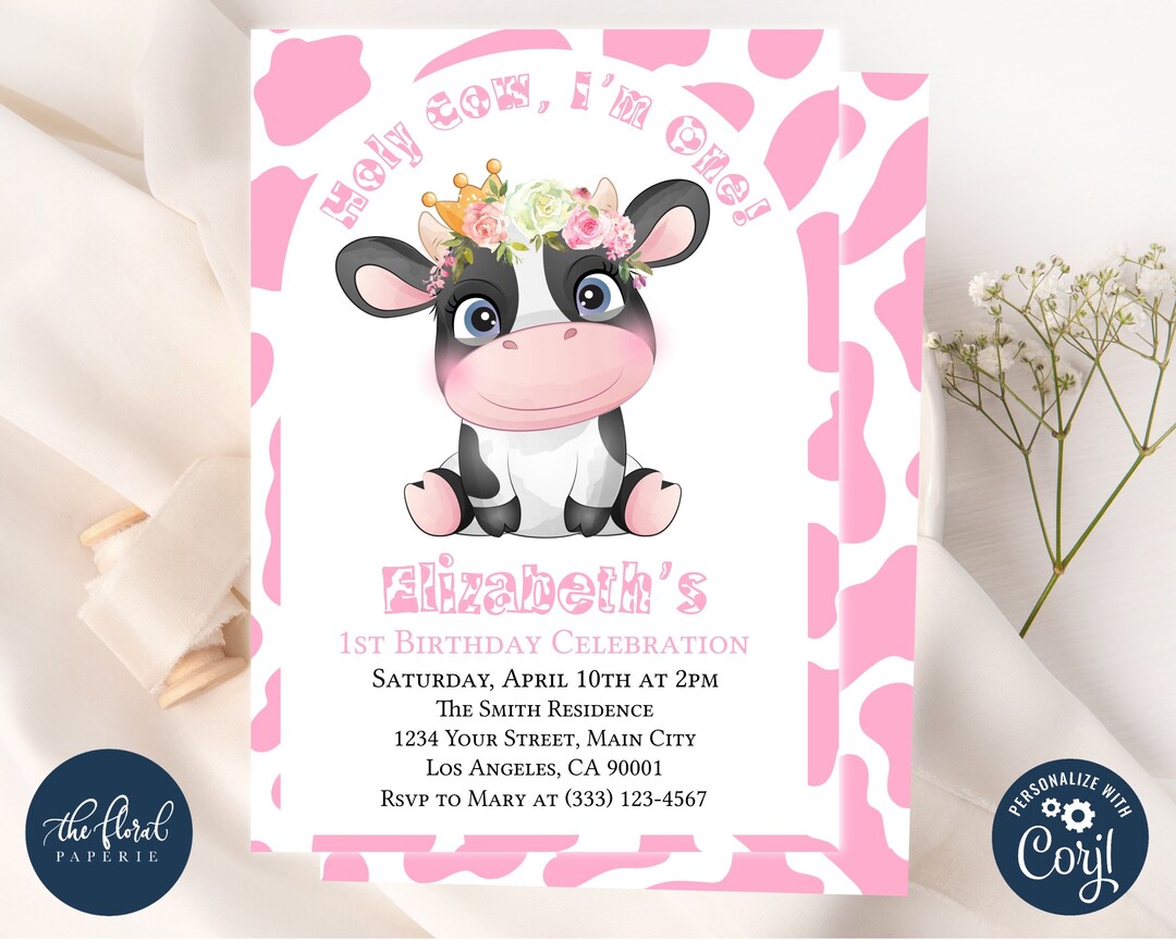Cow Birthday Invitation Template, Editable Cow Birthday Invites, Girl ...