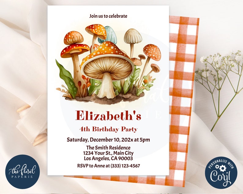 Mushroom Birthday Invitation Template, Editable Girl Birthday ...