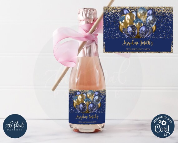 Blue and Gold Mini Champagne Label Template Editable Wine | Etsy