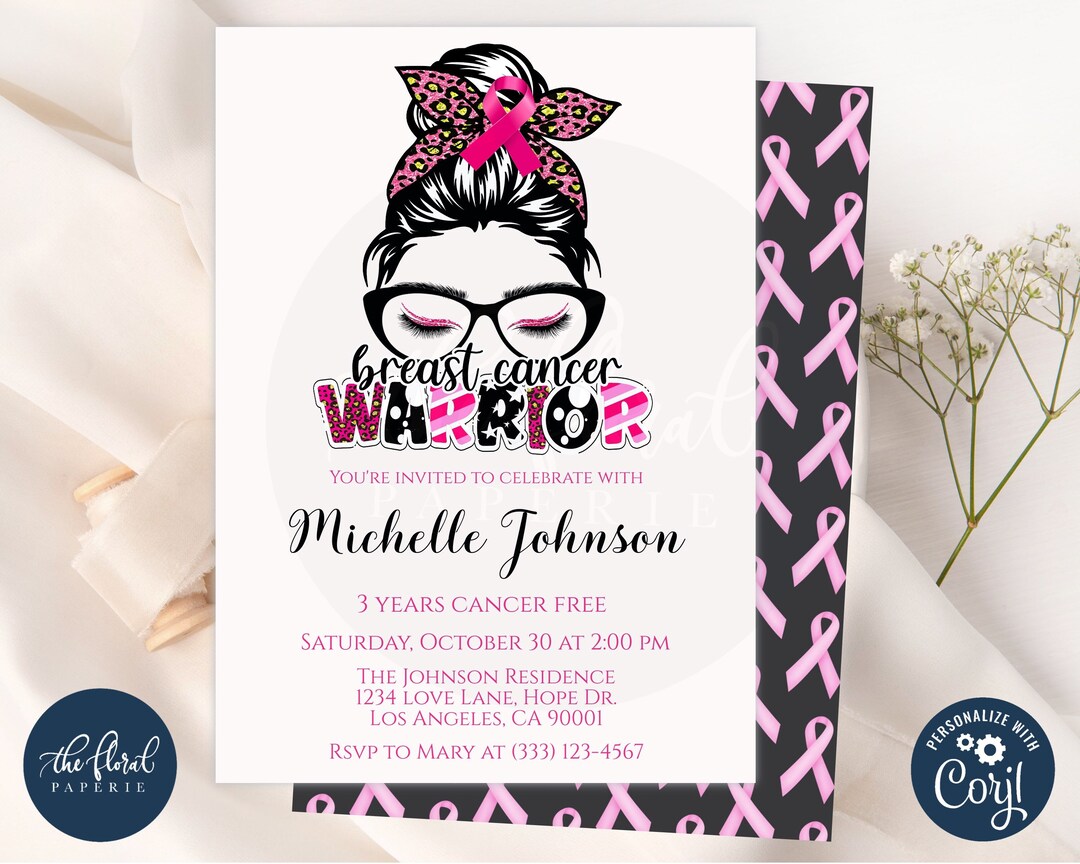 Breast Cancer Survivor Invitation Template, Editable Pink Ribbon ...
