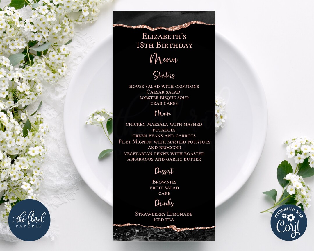 Black and Rose Gold Menu Card Template, Editable Event Menu Card ...