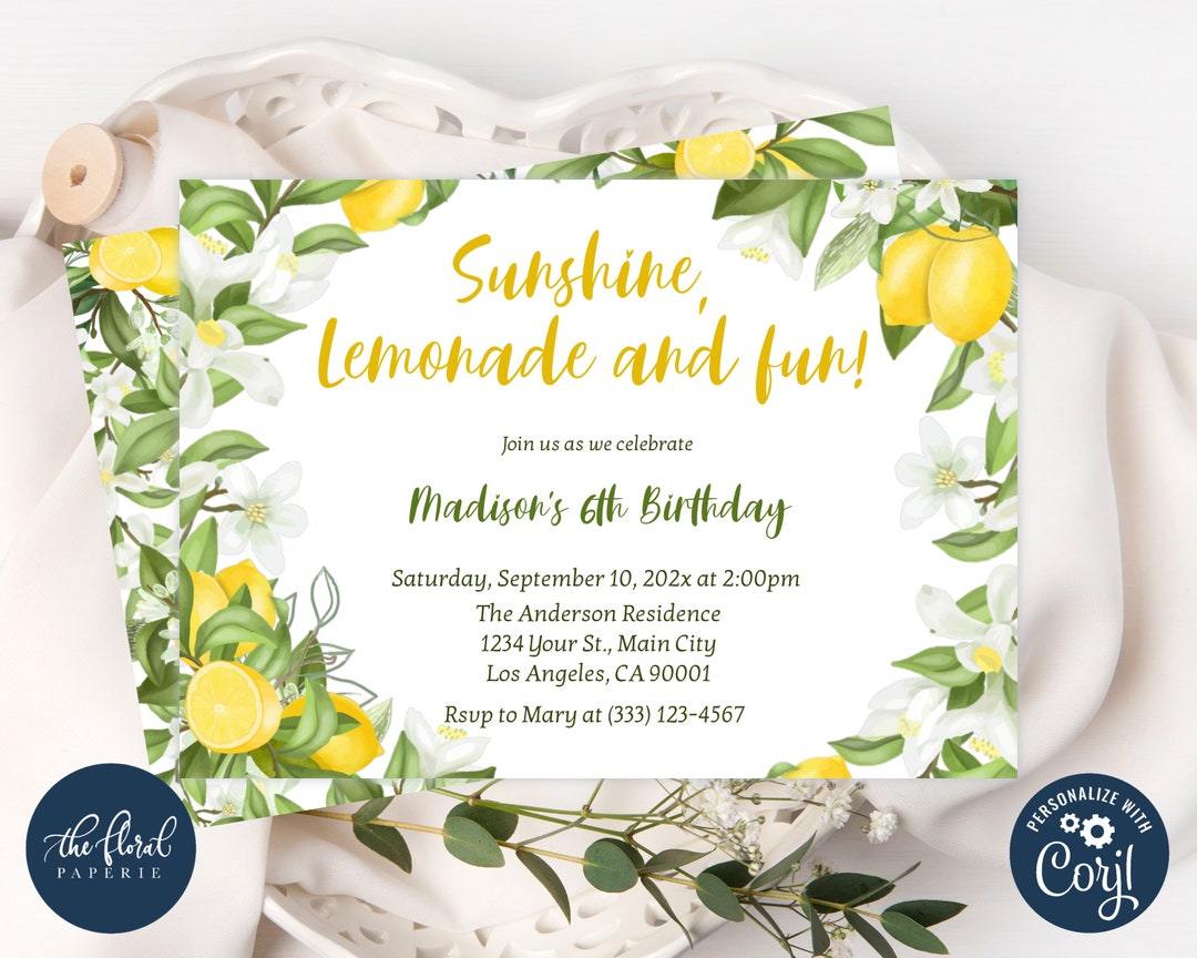Lemon Birthday Invitation Template, Editable Lemon Birthday Invitation ...