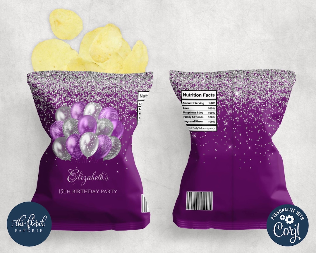 Purple and Silver Chip Bag Template, Editable Potato Chip Bag Wrapper ...