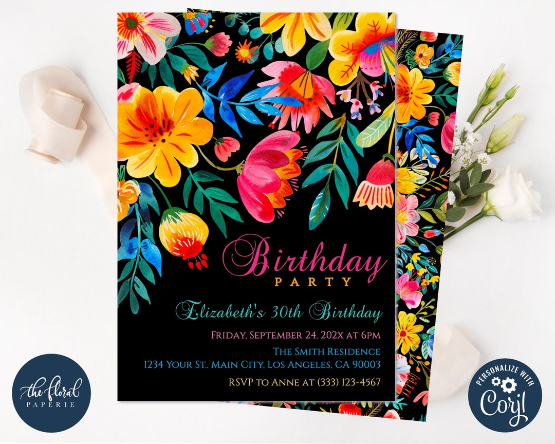 Floral Birthday Invitation Template, Colorful Flowers Birthday ...