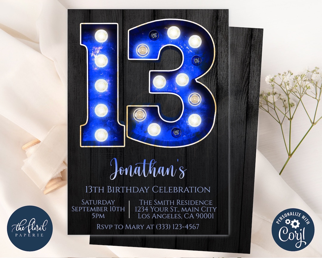 Editable 13th Birthday Invitation Template, Blue Marquee Lights Boy ...