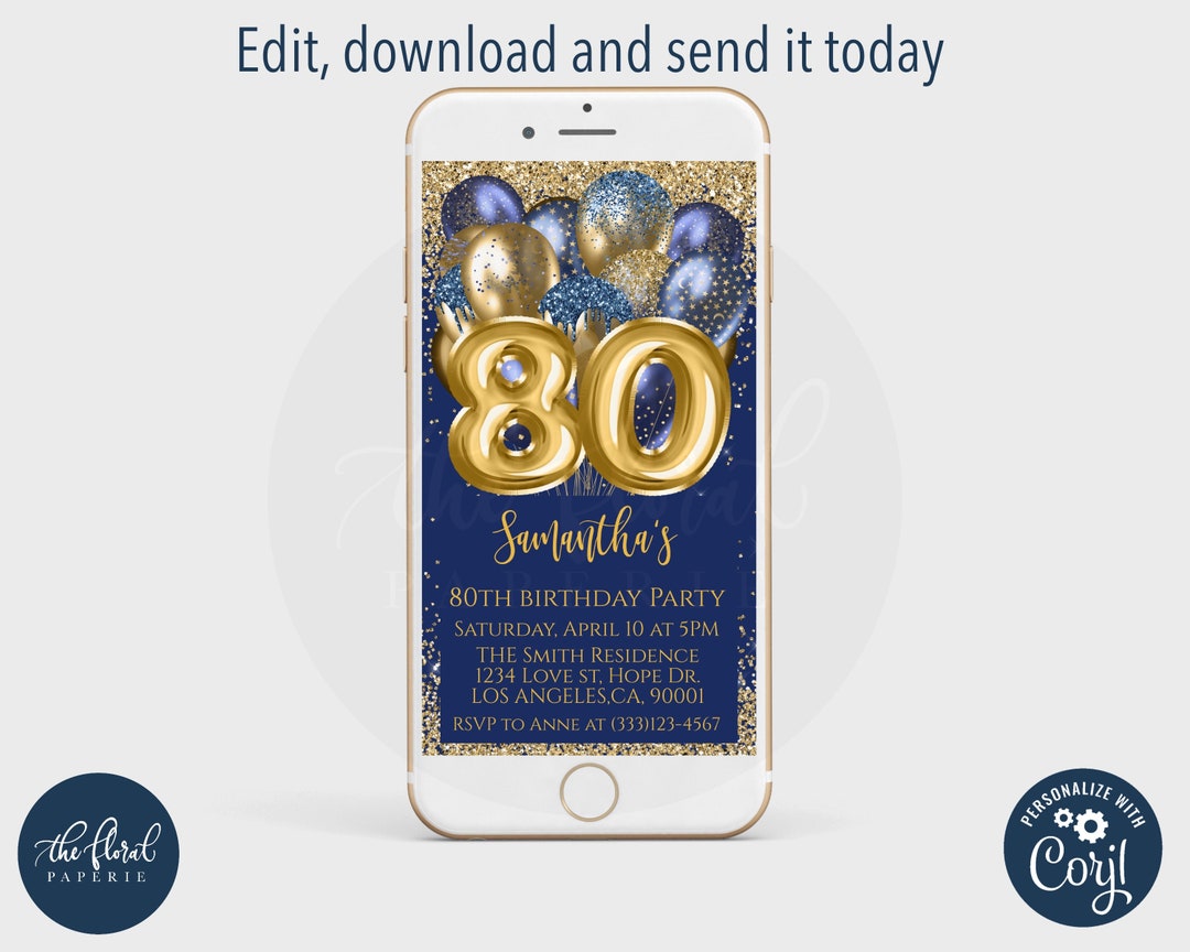 80th Birthday Text Invitation Template Navy Blue and Gold - Etsy