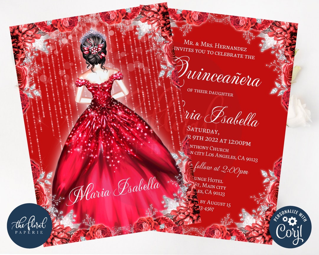 Red Quinceanera Invitation Template, Editable 15th Birthday Invitations ...