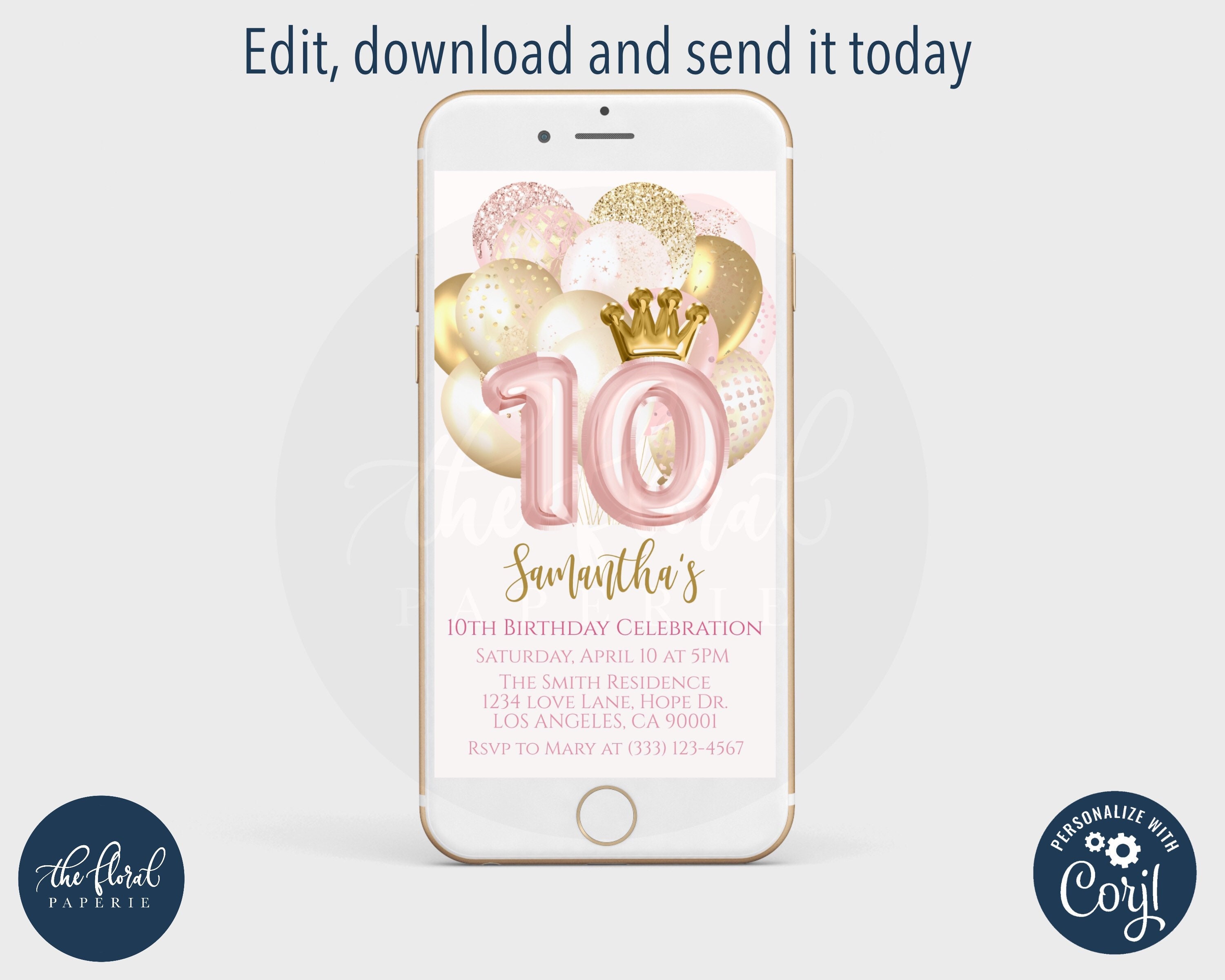 10th birthday text invitation template editable blush | Etsy