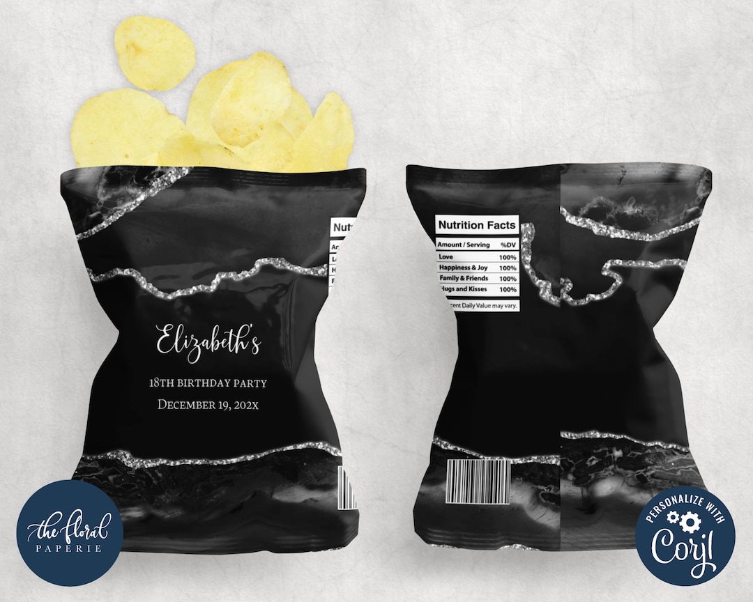 Black and Silver Chip Bag Template, Editable Potato Chip Bag Wrapper ...