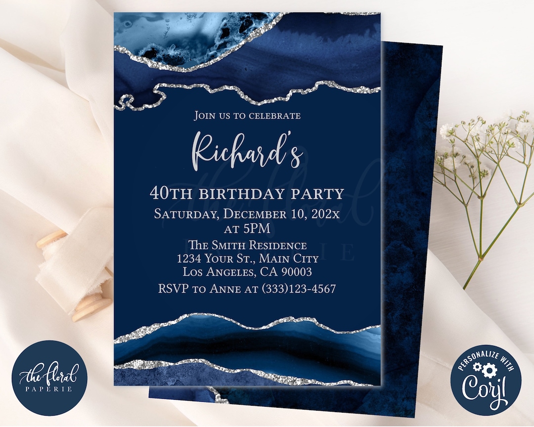Blue and Silver Birthday Invitation Template, Editable Any Age Birthday ...
