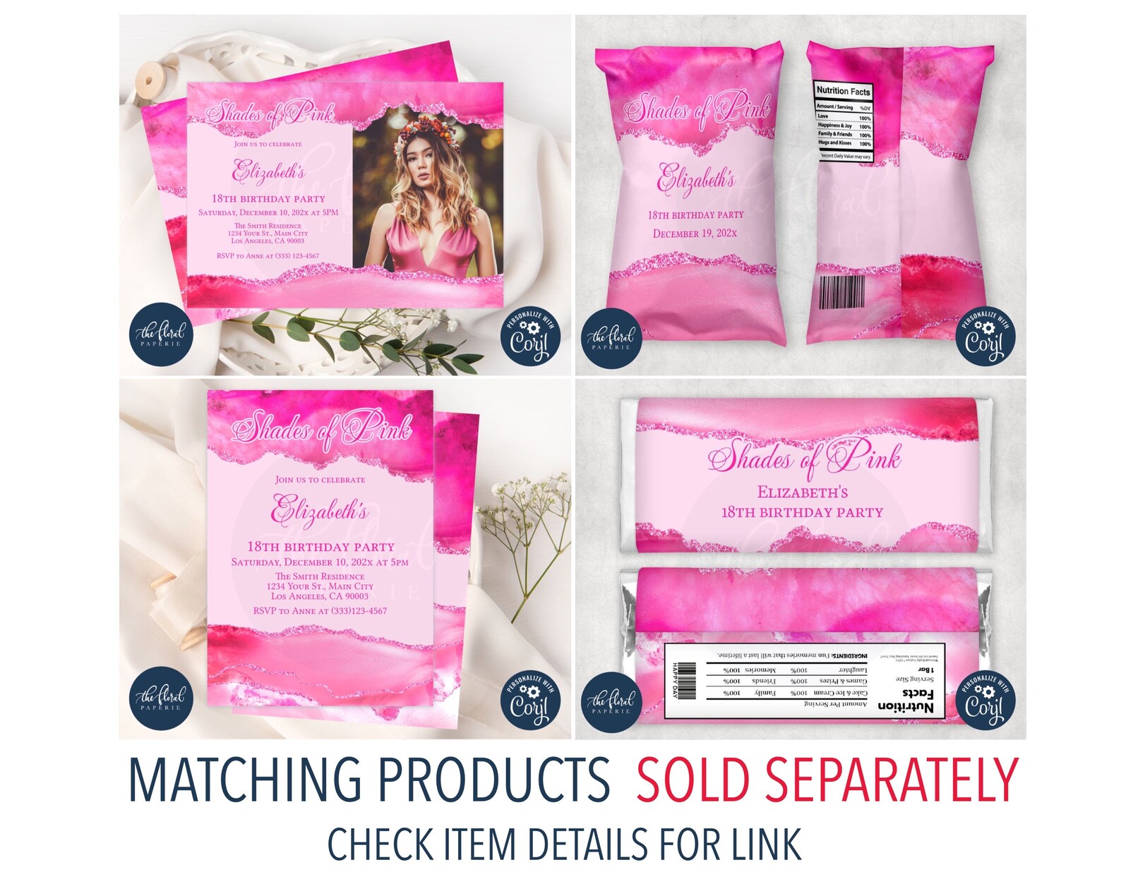 Shades of Pink Water Bottle Label Template Editable Agate - Etsy