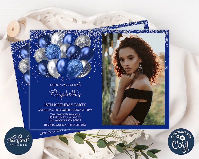 Plantilla de invitación de cumpleaños azul y plateada, invitaciones de ...