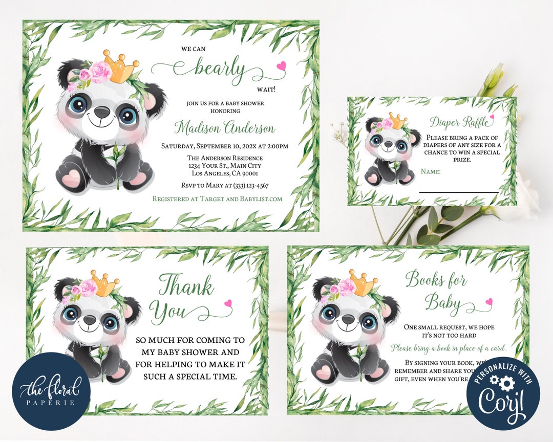 Panda Baby Shower Invitation Template, Girl Baby Shower Invites Set ...
