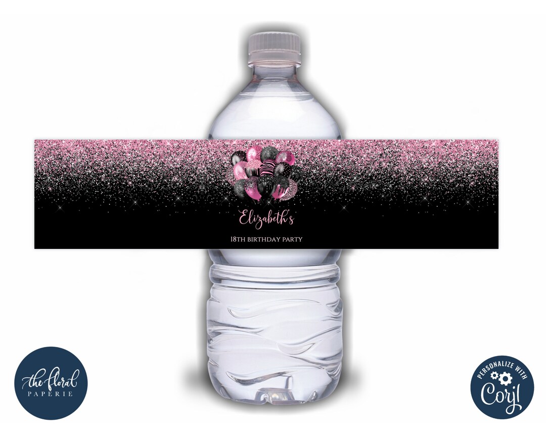 Black and Pink Water Bottle Label Template, Editable Balloons Water ...