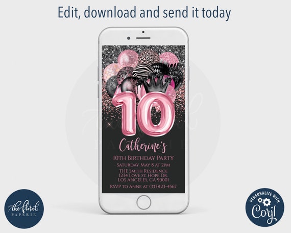 10th Birthday Text Invitation Template Editable Black and | Etsy