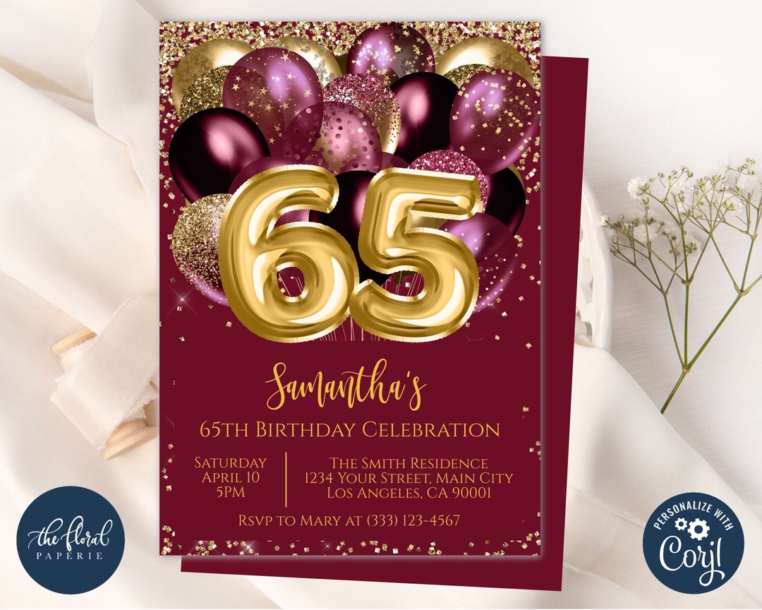 65th Birthday Invitation Template Burgundy and Gold Birthday - Etsy