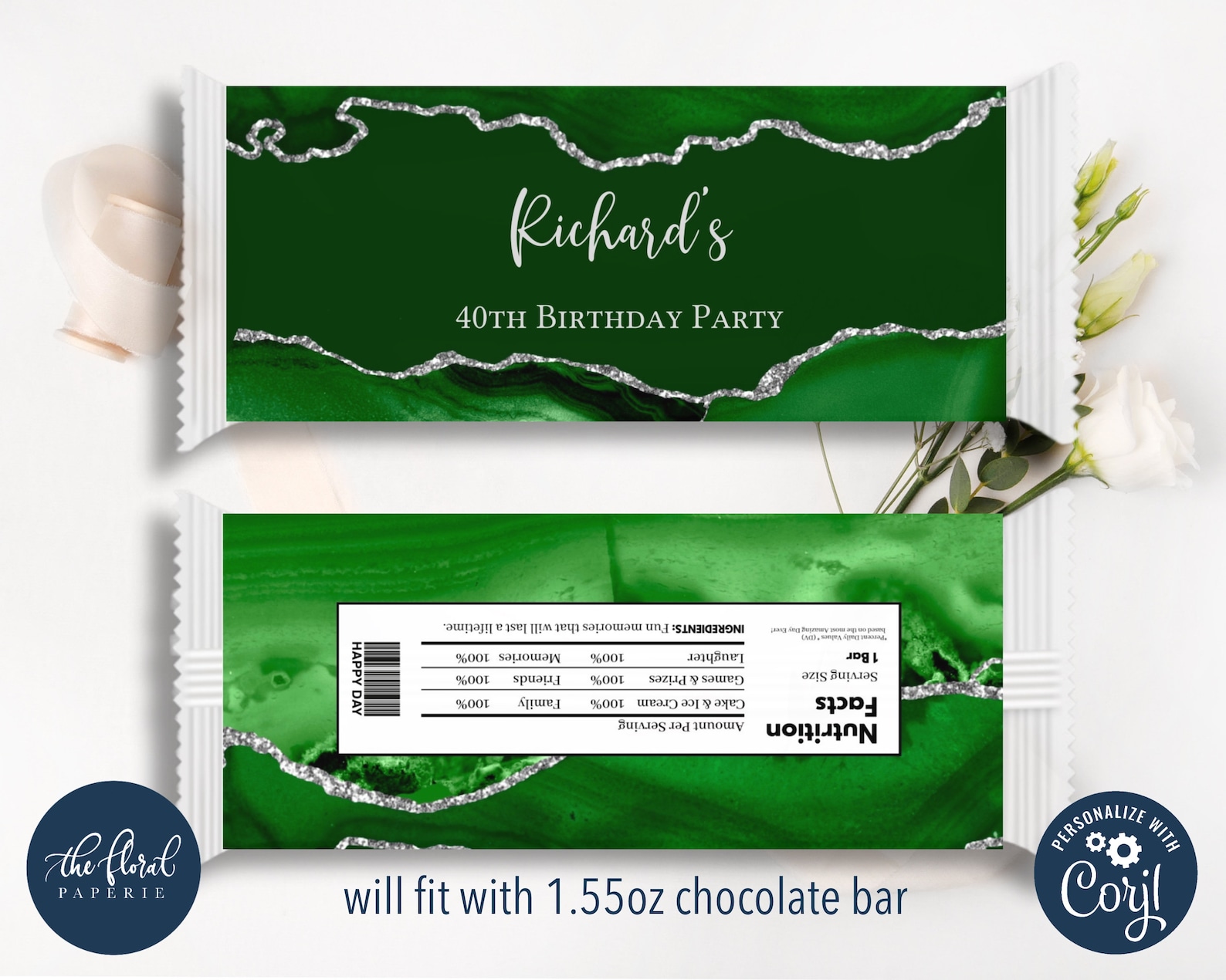 Green and Silver Chocolate Wrapper Template, Editable Candy Bar Wrapper ...