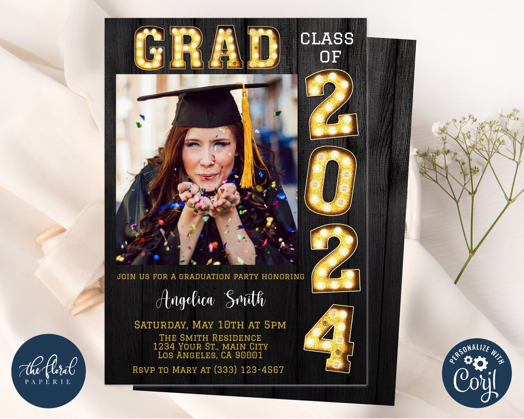 Graduation Party Invitation Template, Editable Black and Gold ...