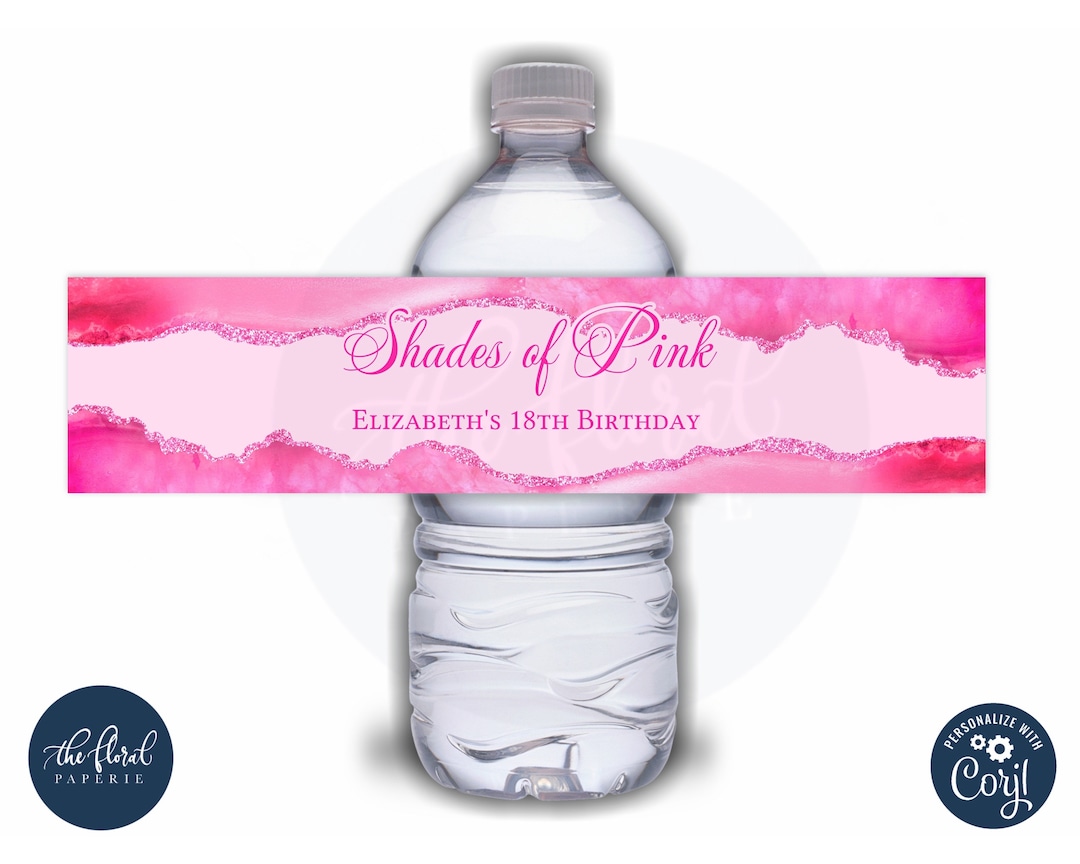 Shades of Pink Water Bottle Label Template, Editable Agate Water Bottle ...